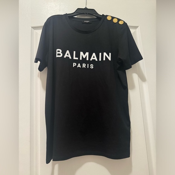 Balmain | Tops | Balmain Button Shoulder Cotton Logo Graphic Tshirt ...